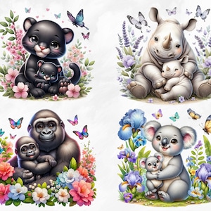 Watercolor Cute Mother and Baby Safari Animals Clipart, 18 PNG Baby ...