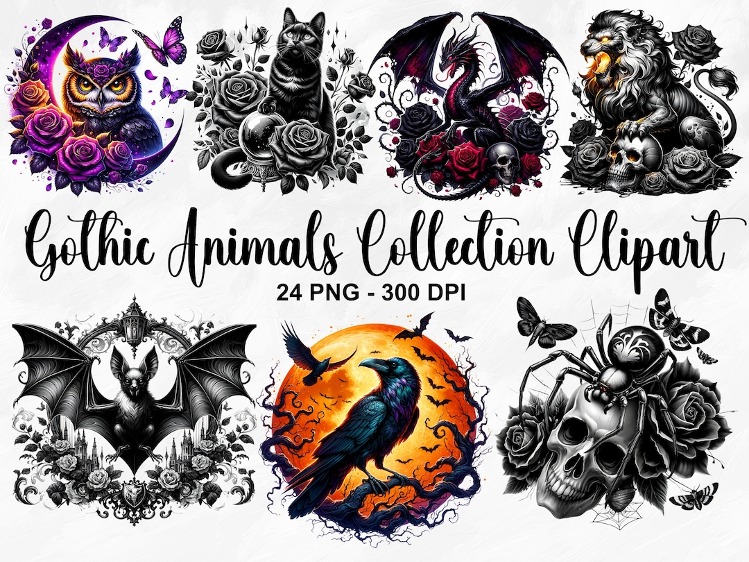 Watercolor Gothic Animals Clipart, 24 PNG Gothic Animals Clipart ...