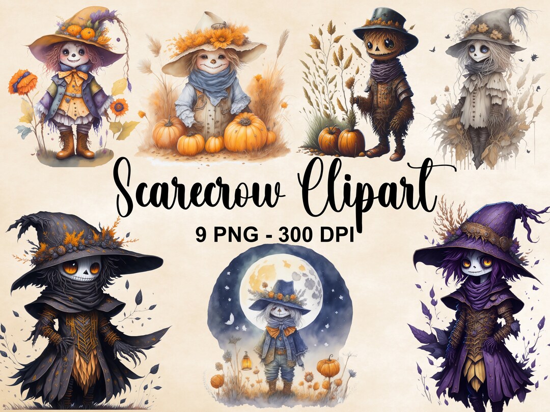 Watercolor Scarecrow Clipart, 9 PNG Fantasy Scarecrow Bundle, Halloween ...