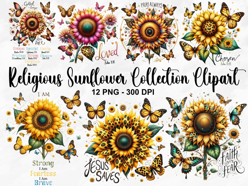 Watercolor Religious Sunflower Collection Clipart, 12 PNG Sunflower ...