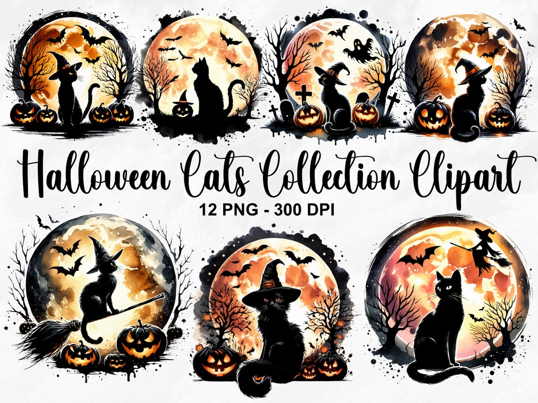 Watercolor Halloween Cats Collection Clipart, 12 PNG Halloween Clipart ...