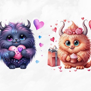 Watercolor Cute Cartoon Valentines Monsters Clipart, 12 PNG Valentines ...