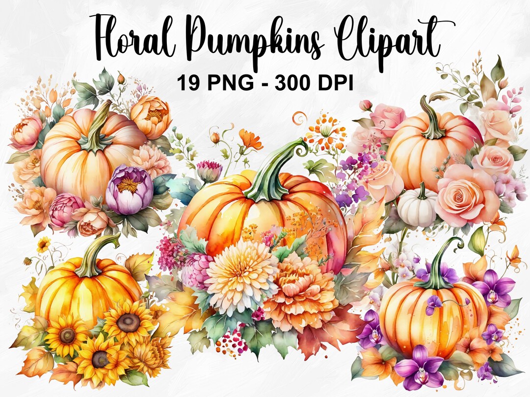 Watercolor Floral Pumpkins Clipart, 19 PNG Floral Pumpkins Clipart ...