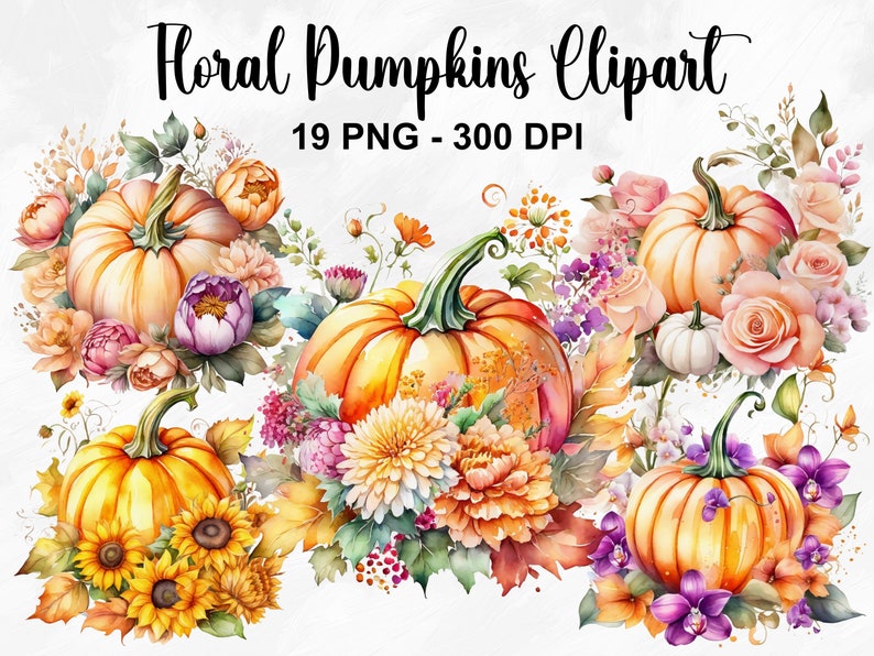 Watercolor Floral Pumpkins Clipart 19 PNG Floral Pumpkins - Etsy