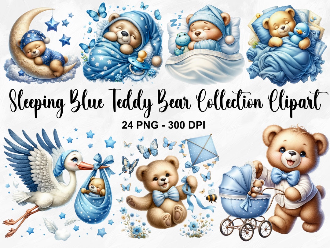 Watercolor Sleeping Blue Teddy Bear Clipart, 24 PNG Sleepy Teddy Bear ...