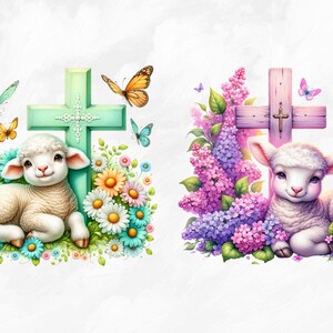 Watercolor Lamb With Cross Collection Clipart, 11 PNG Flower Crucifix ...