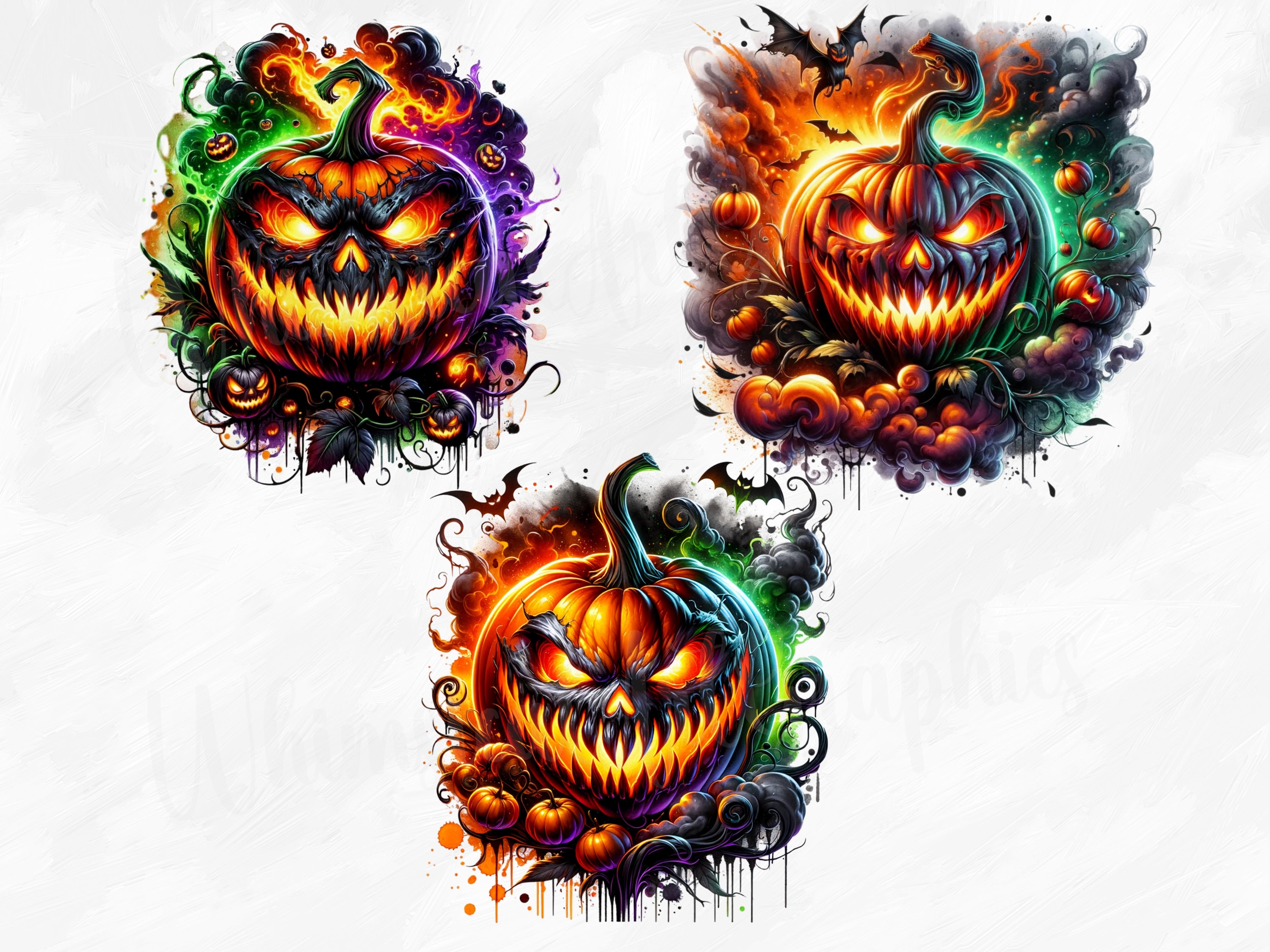 Watercolor Horror Pumpkins Collection Clipart, 12 PNG Pumpkin Clipart ...