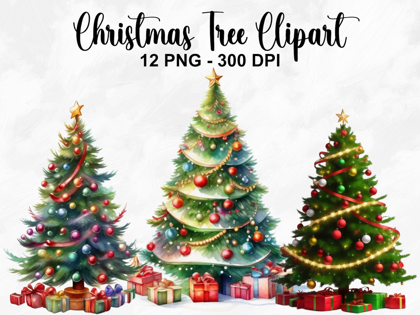 Watercolor Christmas Tree Clipart, 12 PNG Decorated Christmas Tree ...