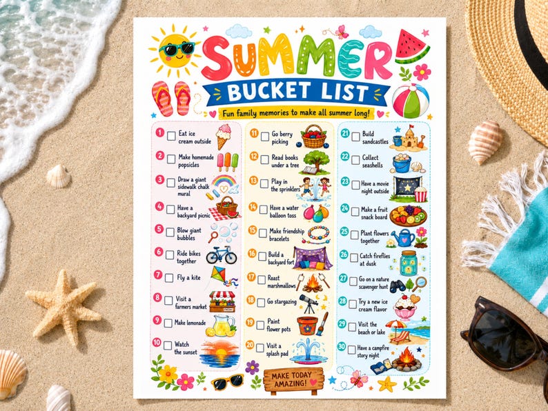 Summer Bucket List Printable 2026, Kids Family Activities Checklist ...