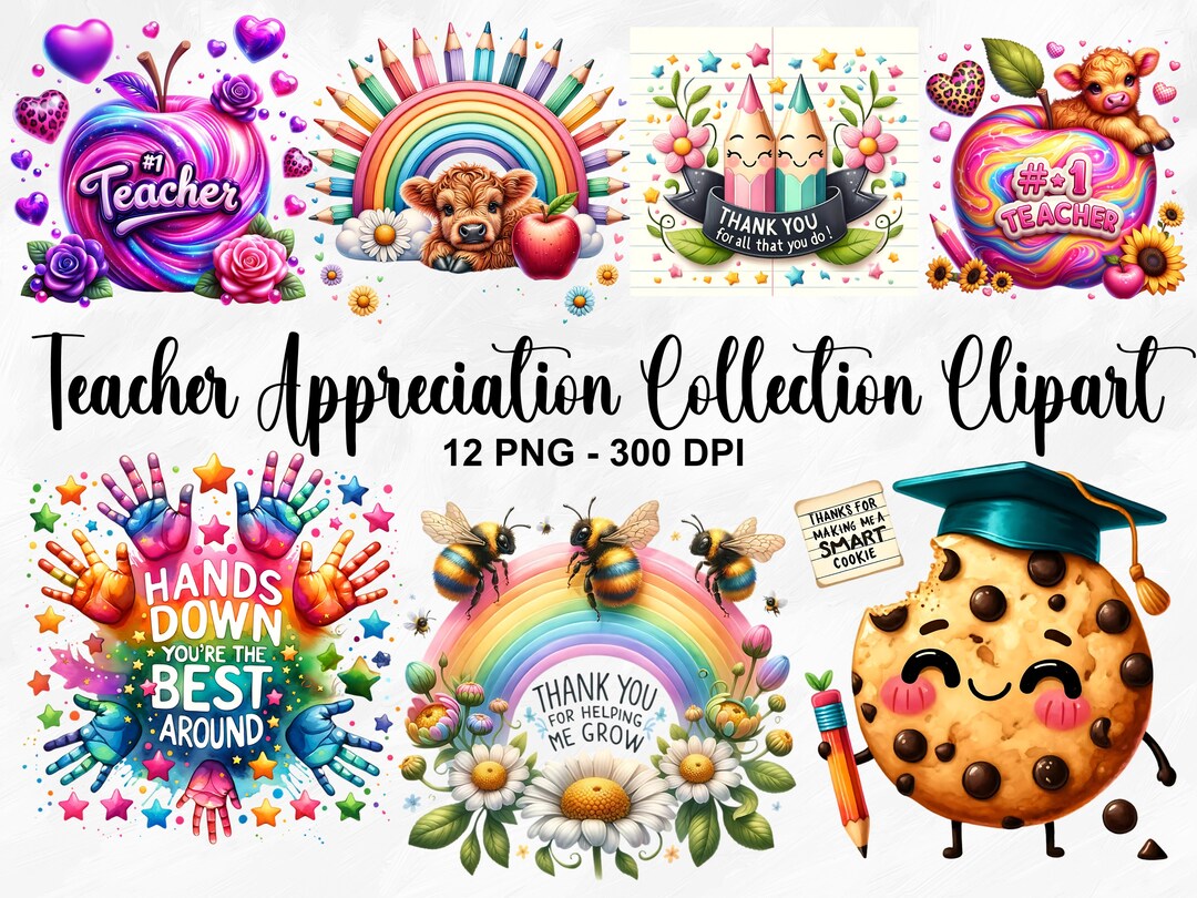Watercolor Teacher Appreciation Collection Clipart, 12 PNG Teacher ...