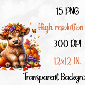 Watercolor Autumn Highland Cows Clipart, 15 PNG Fall Clipart, Pumpkin ...