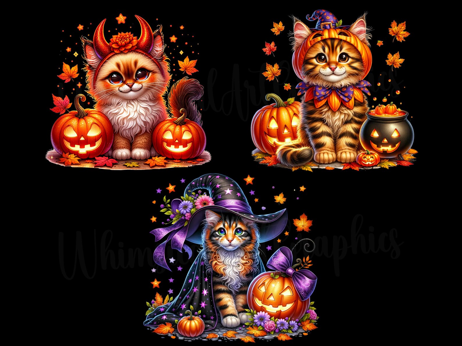 Watercolor Halloween Cats Collection Clipart, 15 PNG Halloween Clipart ...