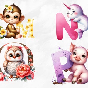 Watercolor Baby Animal Alphabet Collection Clipart, 37 PNG Nursery ...