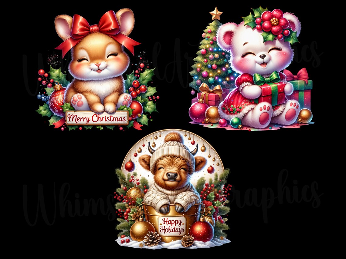 Watercolor Cute Christmas Animals Collection Clipart, 12 PNG Christmas ...