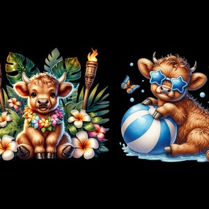 Watercolor Summer Highland Cows Collection Clipart, 12 PNG Beach ...