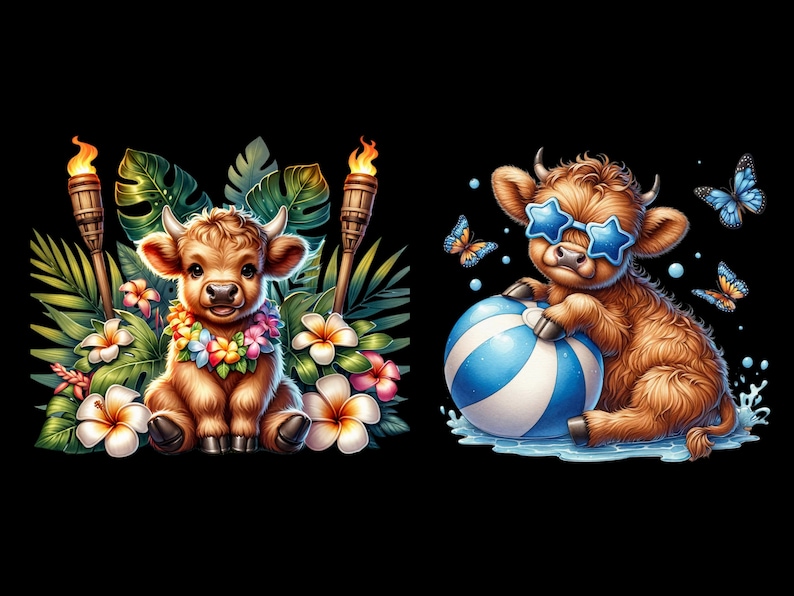 Watercolor Summer Highland Cows Collection Clipart, 12 PNG Beach ...