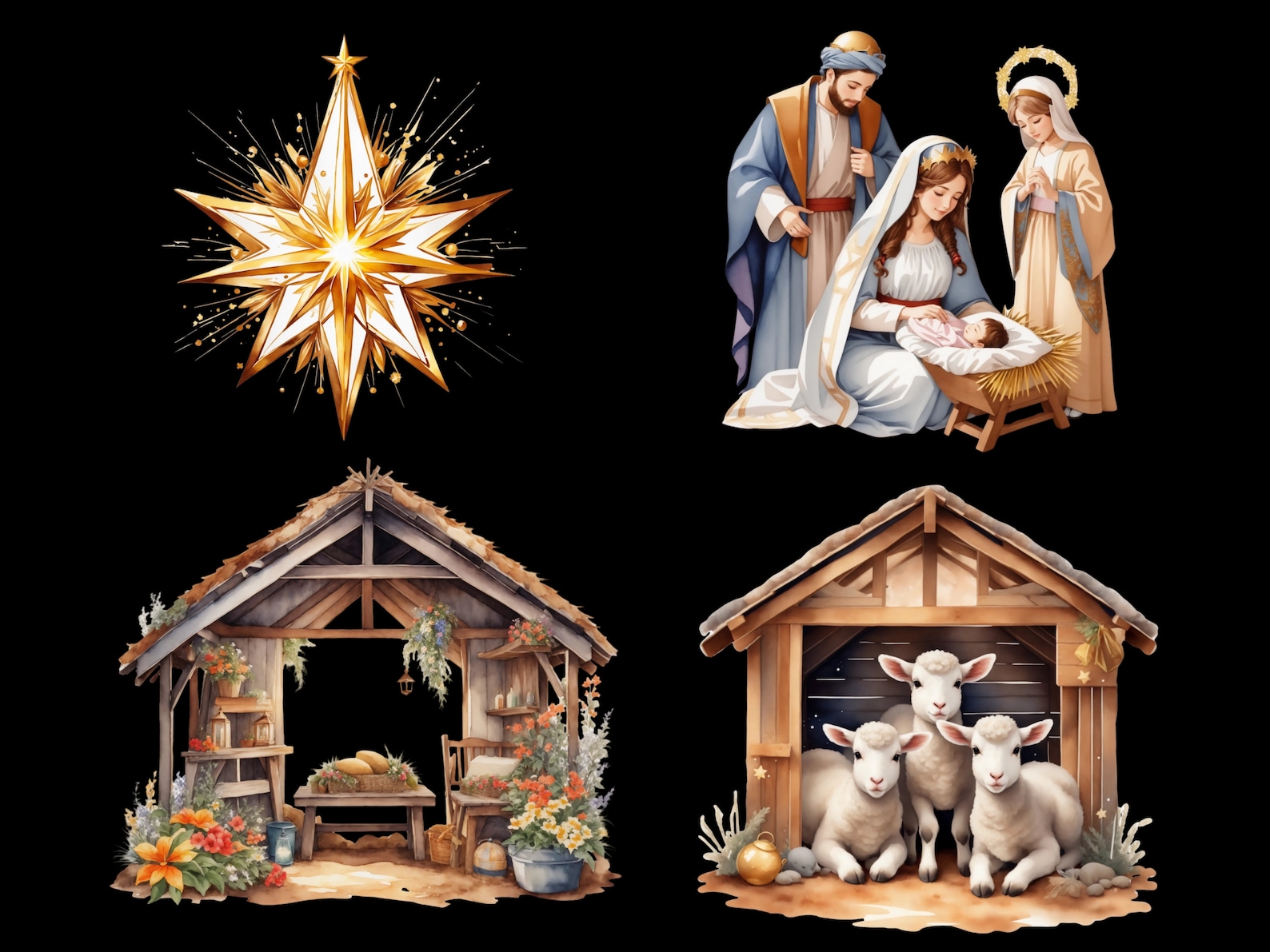Watercolor Nativity Scene Clipart, 24 PNG Christmas Nativity Set ...