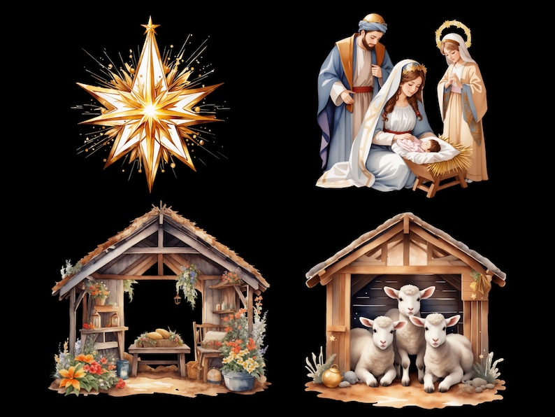 Watercolor Nativity Scene Clipart, 24 PNG Christmas Nativity Set ...