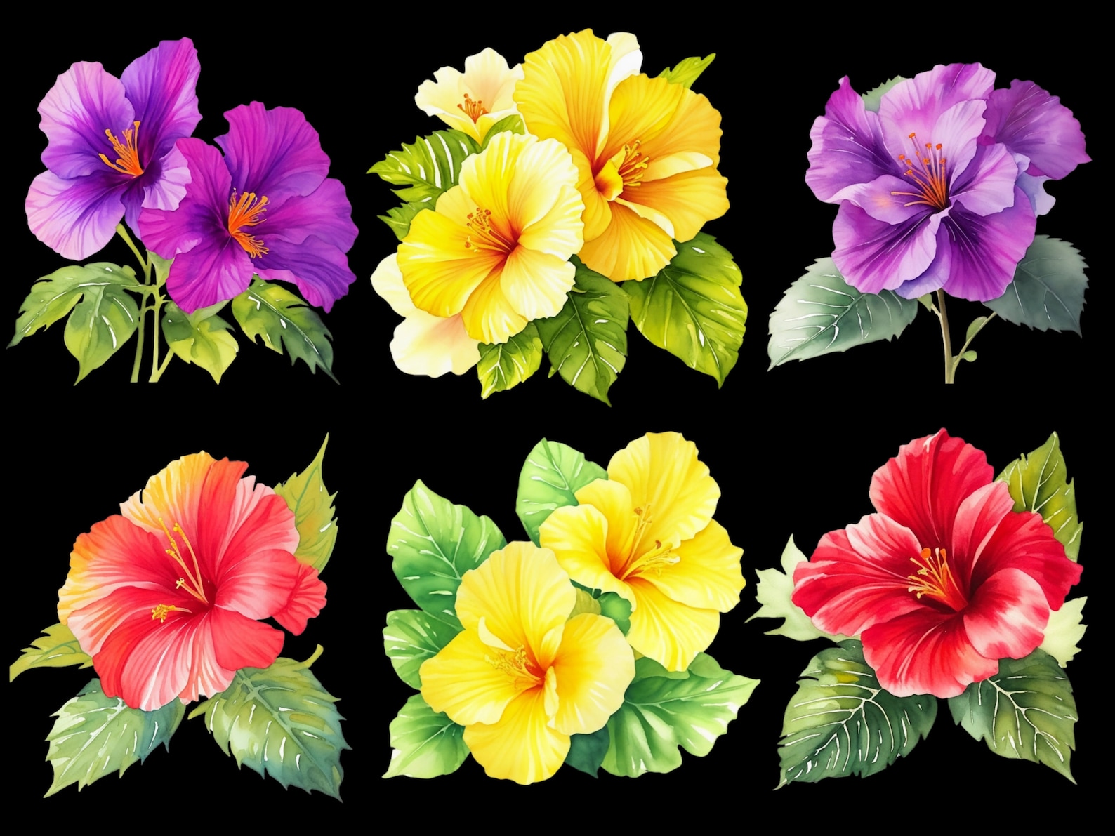 Watercolor Hibiscus Flowers Clipart, 30 PNG Hibiscus Clip Art, Hawaiian ...