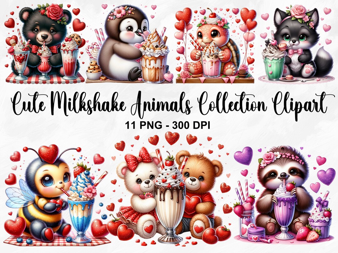 Watercolor Cute Milkshake Animals Clipart, 11 PNG Valentines Day ...