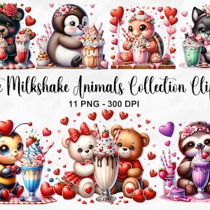 Watercolor Cute Milkshake Animals Clipart, 11 PNG Valentines Day ...