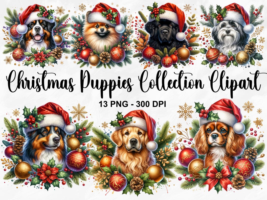 Watercolor Christmas Puppies Collection Clipart, 13 PNG Christmas ...