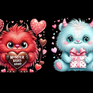 Watercolor Cute Cartoon Valentines Monsters Clipart, 12 PNG Valentines ...