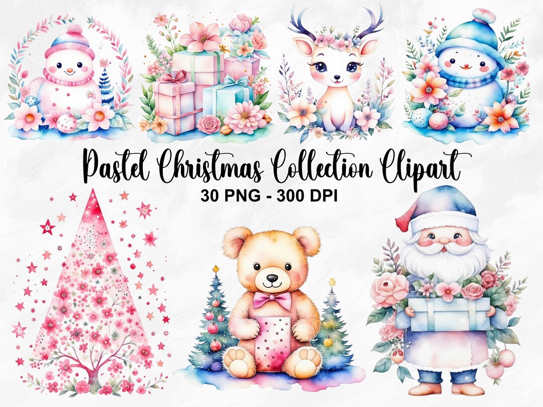 Watercolor Pastel Christmas Collection Clipart, 30 PNG Pastel Christmas ...