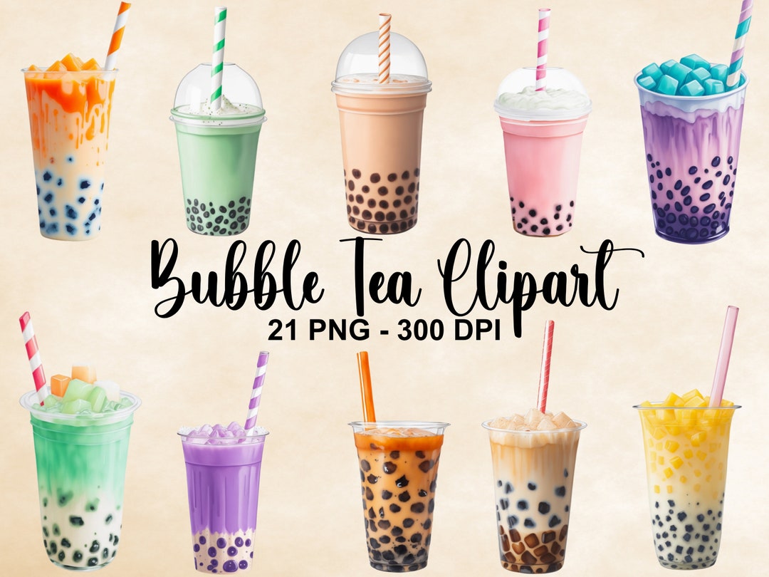 Watercolor Bubble Tea Clipart, 21 PNG Watercolor Boba Tea Clipart ...