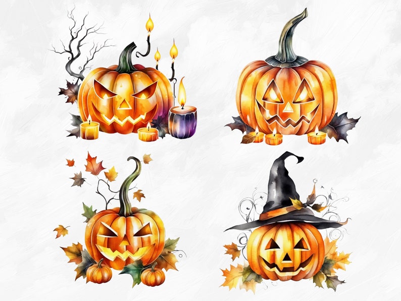 Watercolor Halloween Jack O Lantern Collection Clipart, 30 PNG ...