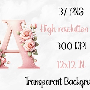 Watercolor Floral Alphabet Collection Clipart, 37 PNG Pink Alphabet ...