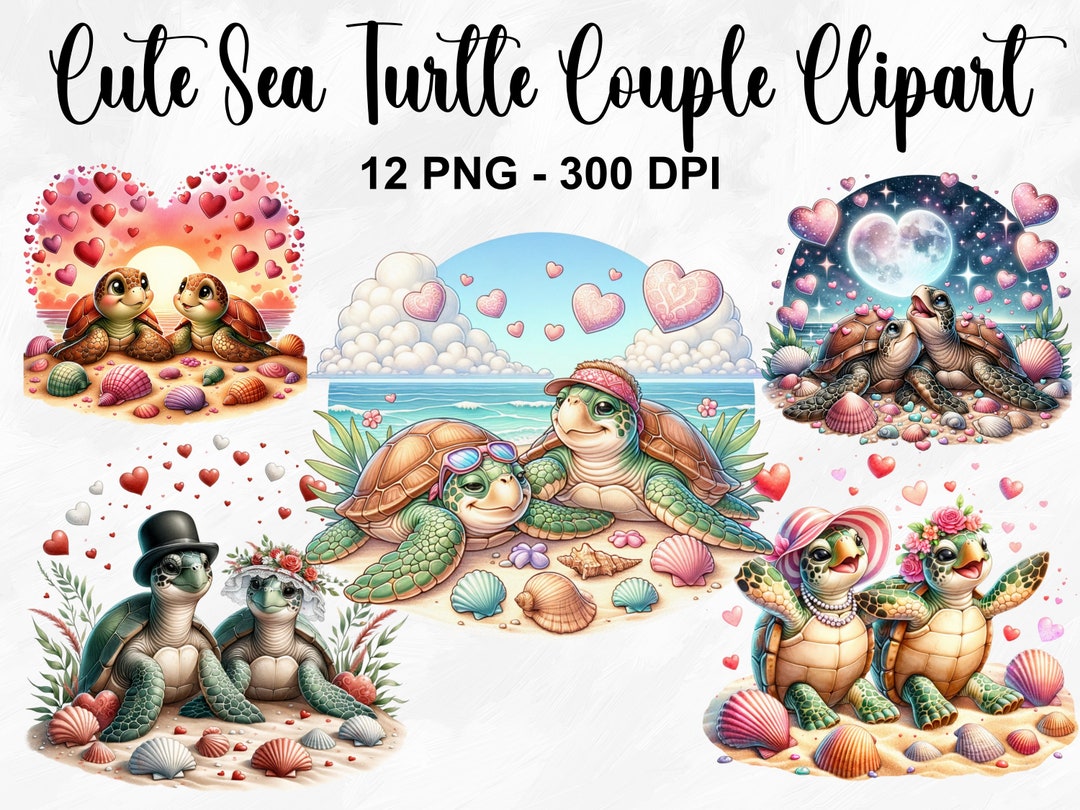 Watercolor Cute Sea Turtle Couple Clipart, 12 PNG Valentines Day ...