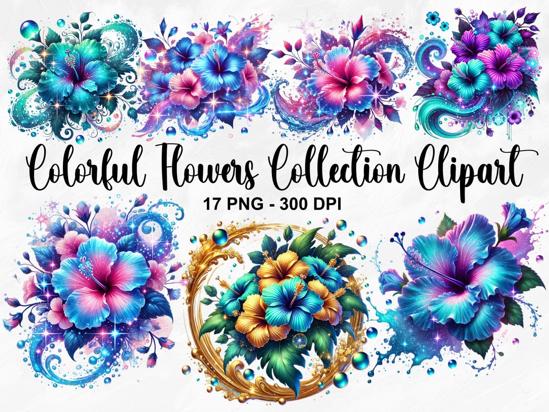 Colorful Flowers Collection Clipart Bundle, Faux Glitter Flowers Png ...