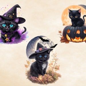 Watercolor Halloween Black Cat Clipart, 9 PNG Watercolor Witchy Black ...