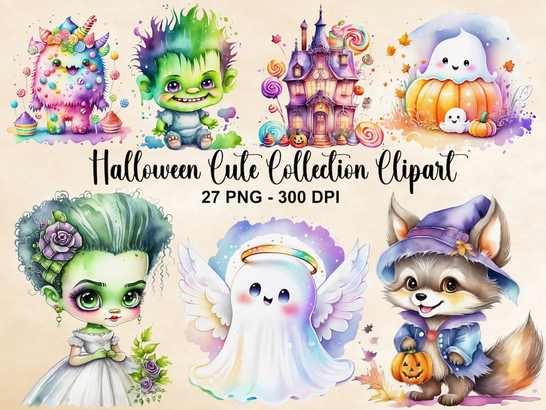 Watercolor Halloween Cute Collection Clipart, 27 PNG Halloween Clipart ...