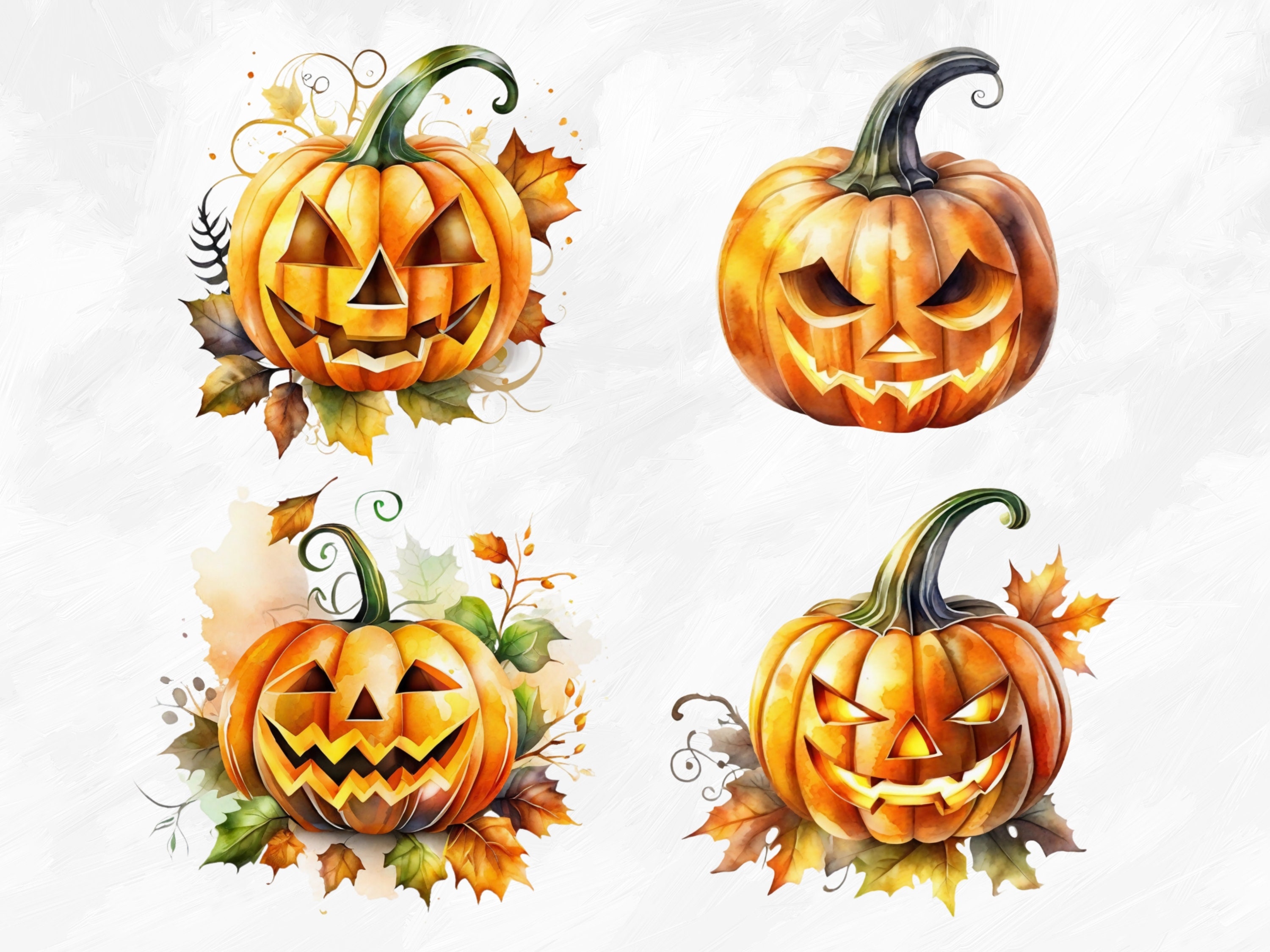 Watercolor Halloween Jack O Lantern Collection Clipart, 30 PNG ...
