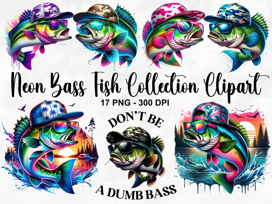 Watercolor Neon Bass Fish Collection Clipart, 17 PNG Fish Clipart ...
