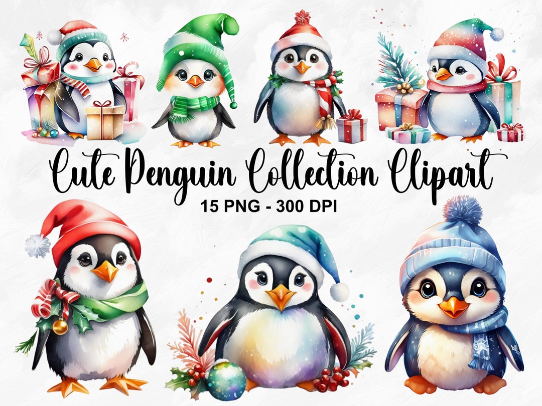 Watercolor Cute Penguin Collection Clipart, 15 PNG Christmas Penguin ...