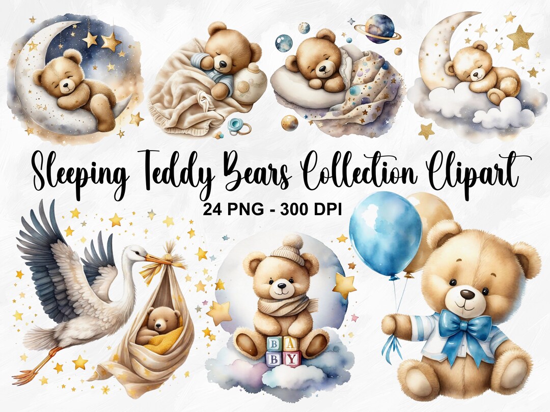 Watercolor Sleeping Teddy Bears Collection Clipart, 24 PNG Cute Teddy ...