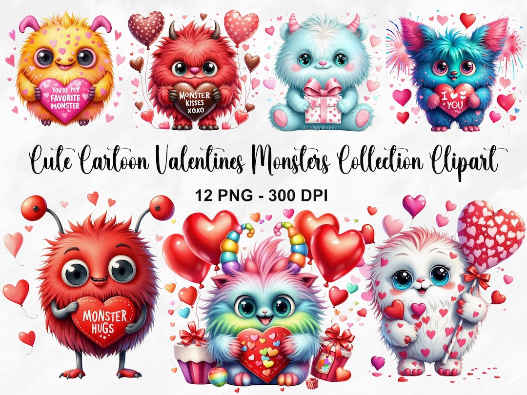 Watercolor Cute Cartoon Valentines Monsters Clipart, 12 PNG Valentines ...