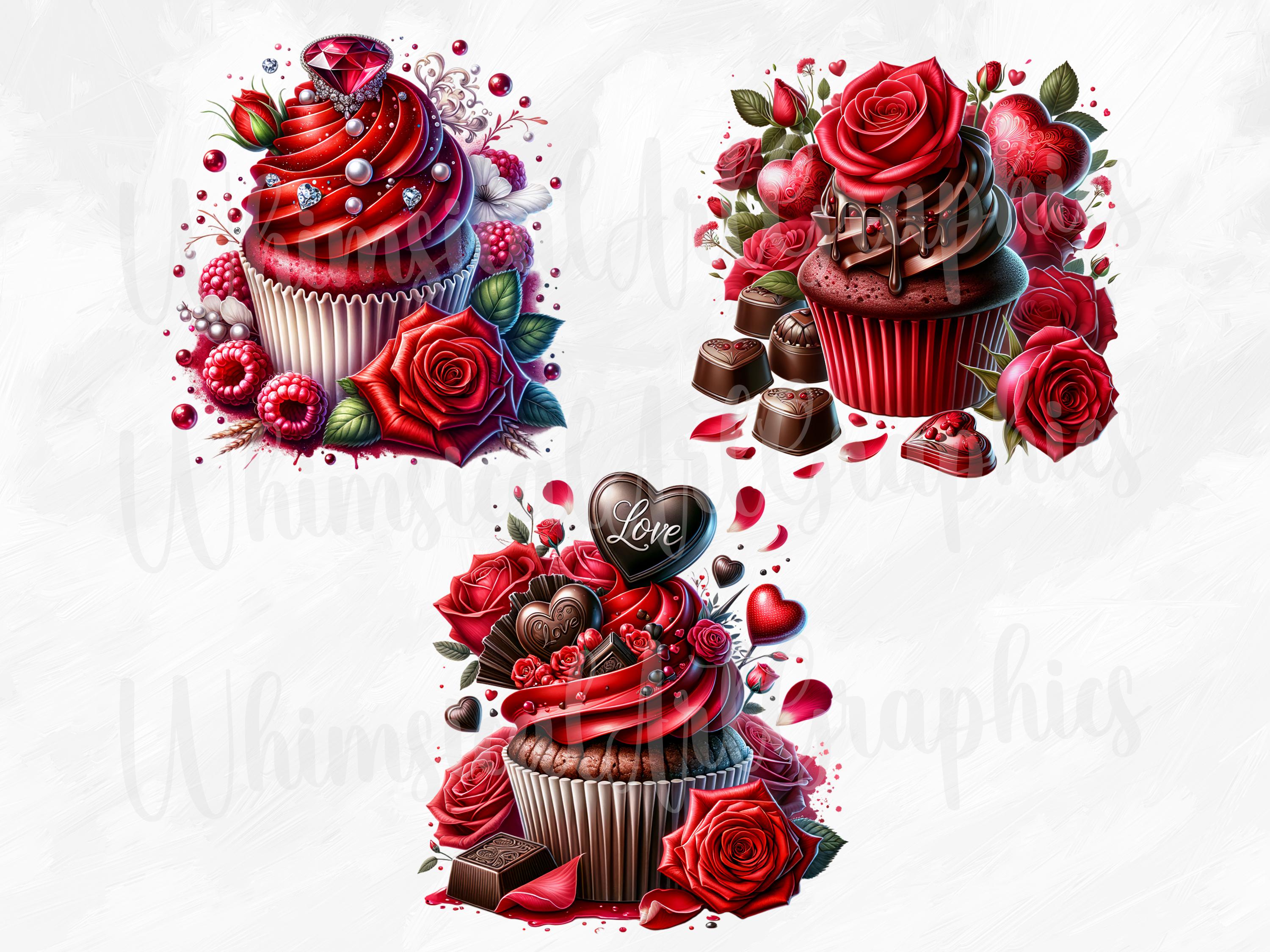 Red Valentines Day Cupcake Collection Clipart, 16 PNG Valentine Clipart ...