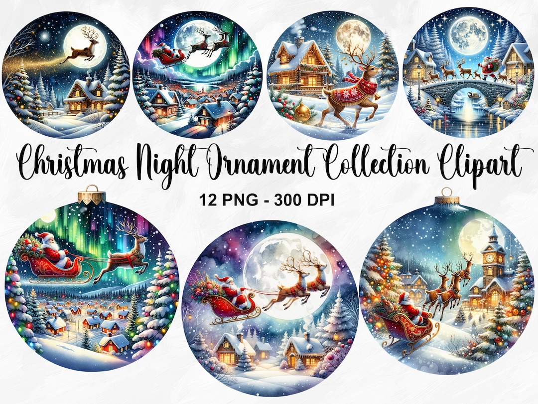 Watercolor Christmas Night Ornament Collection Clipart, 12 PNG ...