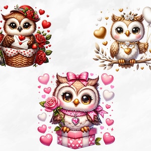 Watercolor Cute Valentines Owl Clipart, 15 PNG Valentines Day Clipart ...