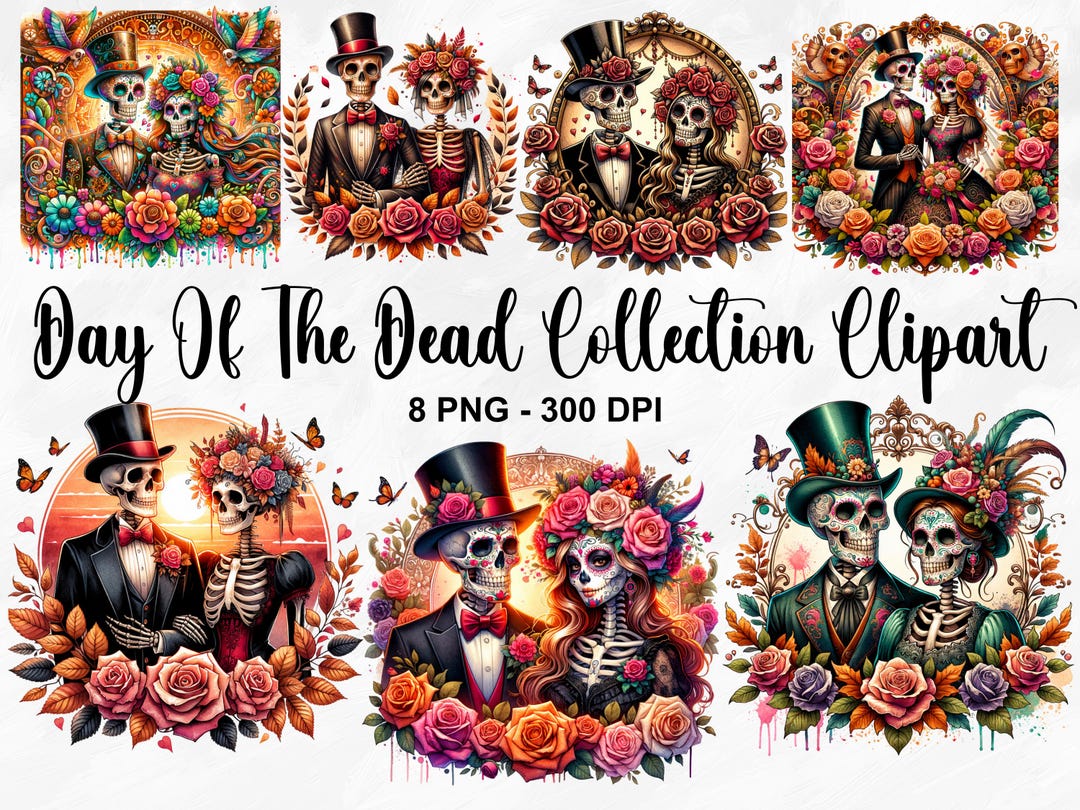 Watercolor Day of the Dead Collection Clipart, 8 PNG Halloween Clipart ...