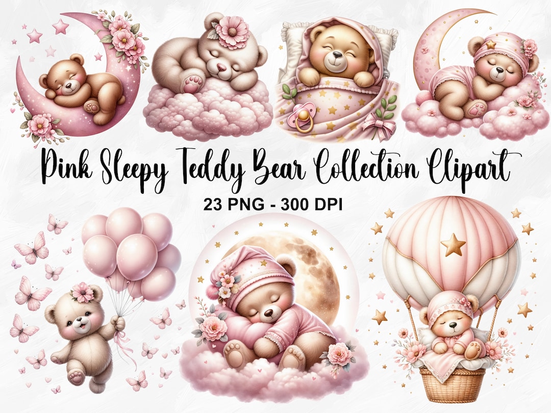 Watercolor Pink Sleepy Teddy Bear Clipart, 23 PNG Cute Baby Bear ...