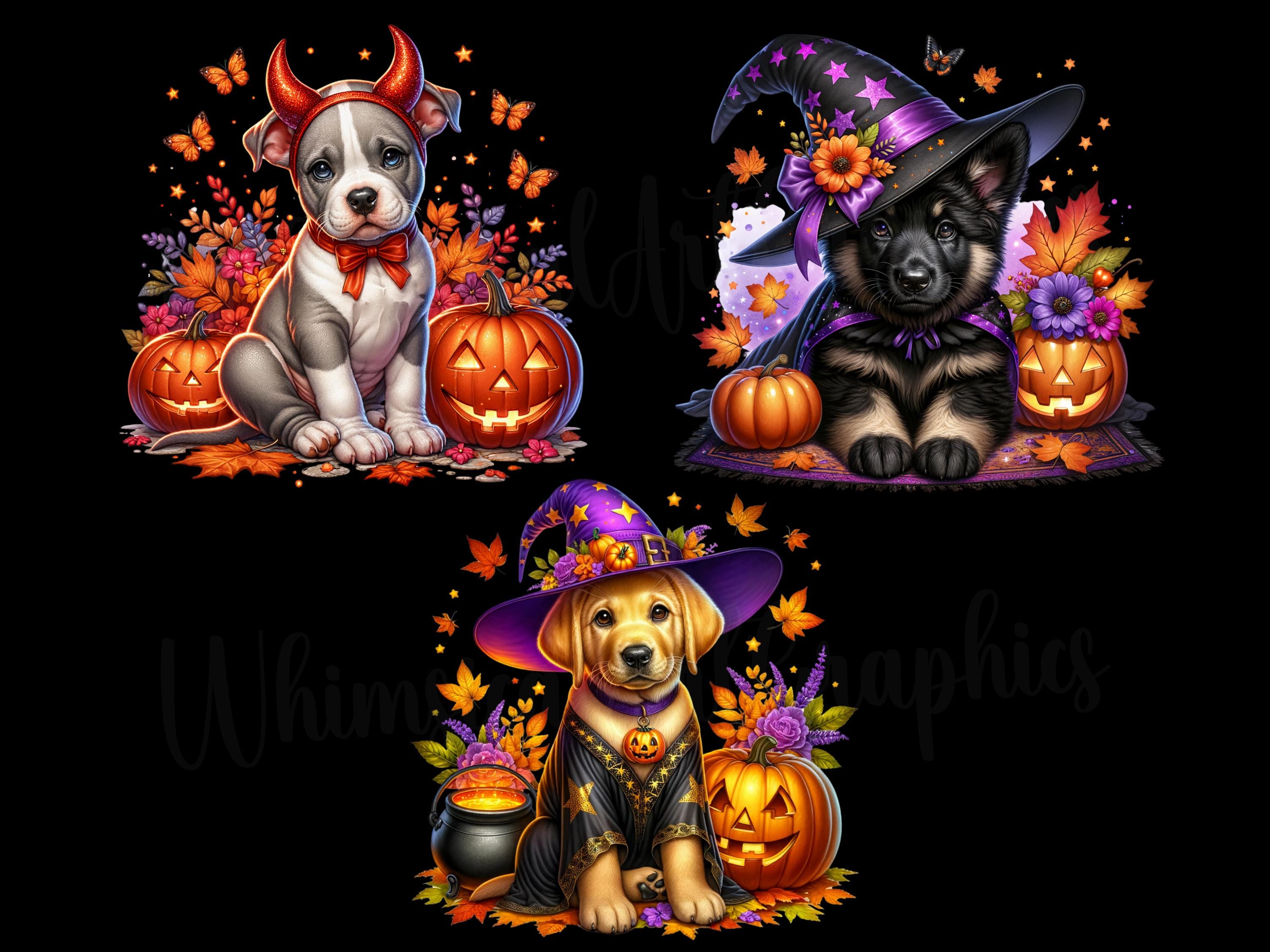 Watercolor Halloween Dogs Collection Clipart, 15 PNG Halloween Clipart ...