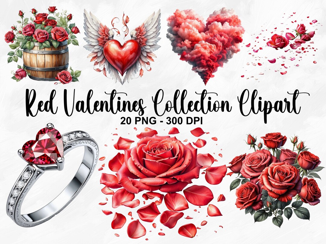 Watercolor Red Valentines Collection Clipart, 20 PNG Valentines Day ...