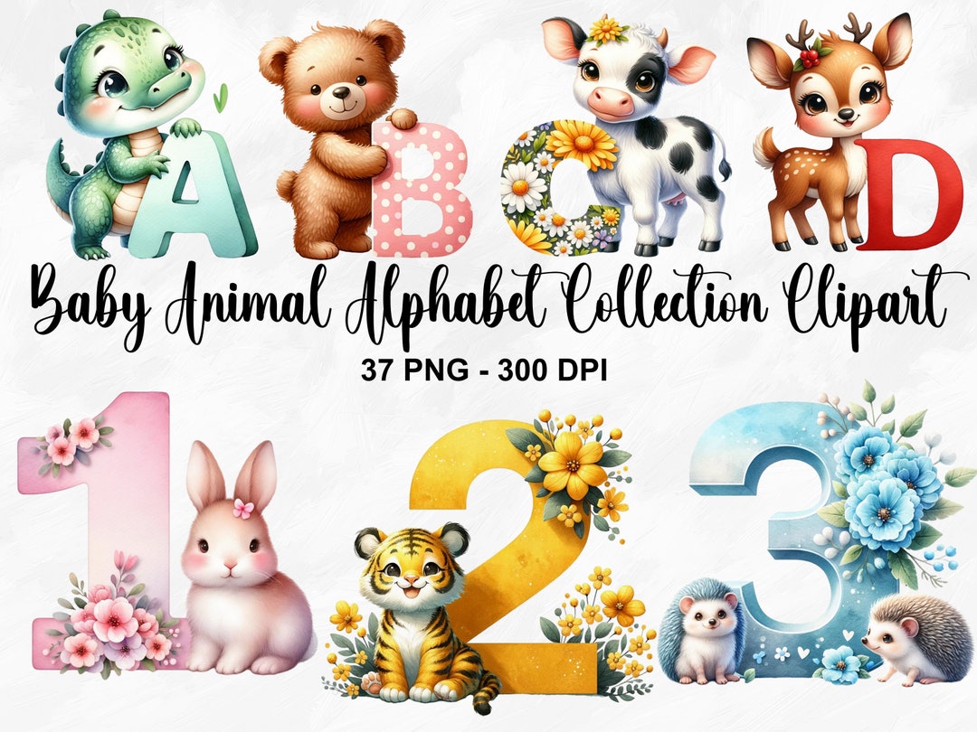 Watercolor Baby Animal Alphabet Collection Clipart, 37 PNG Nursery ...
