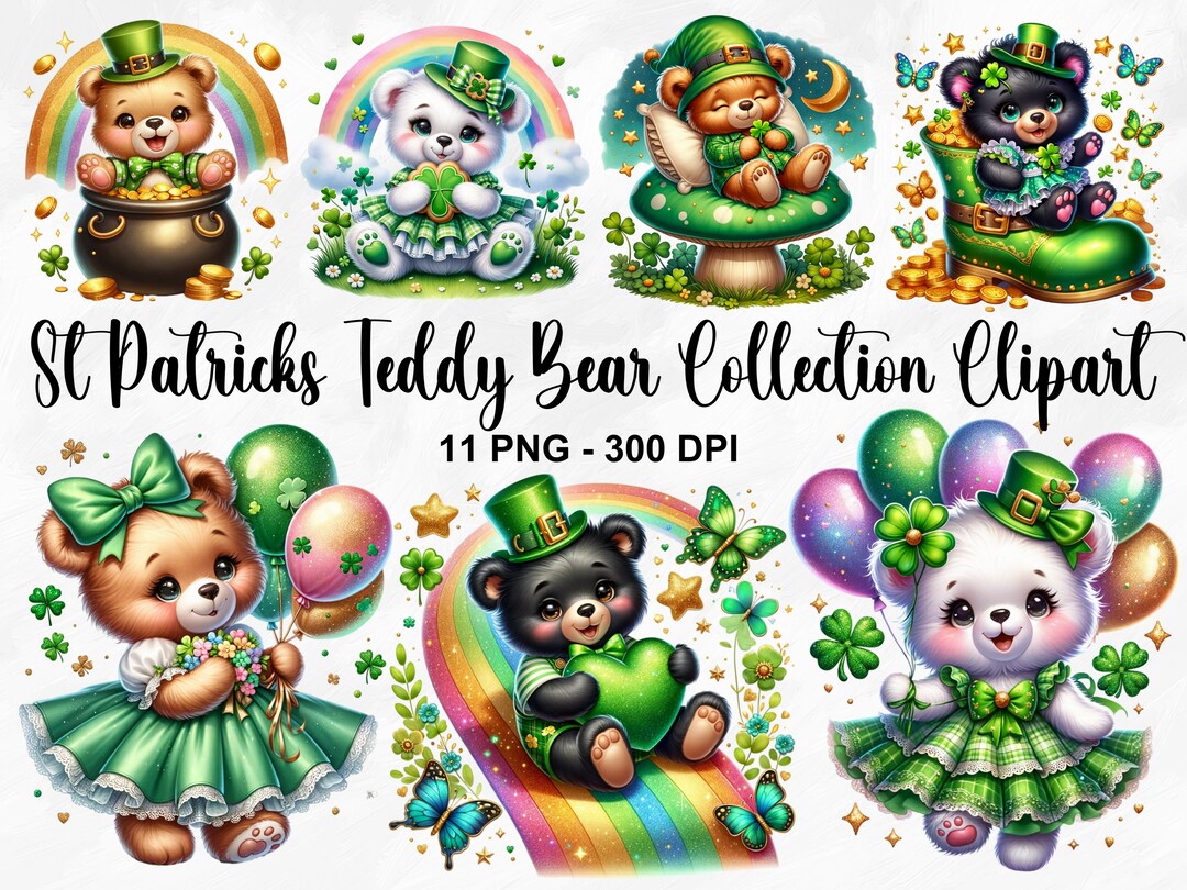 Watercolor St Patricks Teddy Bear Clipart, 11 PNG St Patricks Day ...