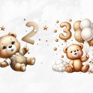 Watercolor Birthday Balloon Bear Clipart, 12 PNG Baby Bear Clipart ...